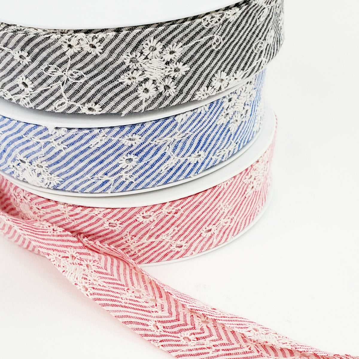 Decorative Single Fold Bias Tape - eyelet on stripes — Fabric Spark