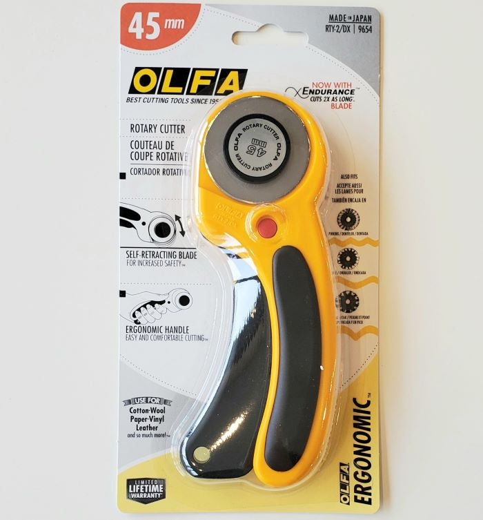 Olfa 45mm ergonomic Deluxe rotary cutter in Yellow — Fabric Spark